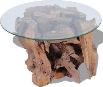 Festnight Couchtisch Kaffeetisch Coffeetisch mit Tischfuss aus Massives Teak-Treibholz Ideal als Beistelltisch Glas Tischplatte Durchmesser 60cm