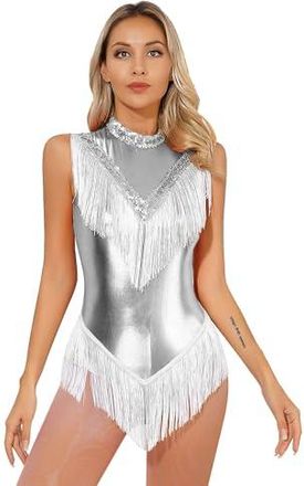 dPois Femme Justaucorps Gymnastique Latine Brillants Paillettes Body Ballet Tenue Danse Moderne Jazz Combinaison Patinage Costume Spectacle S-2XL Argenté L