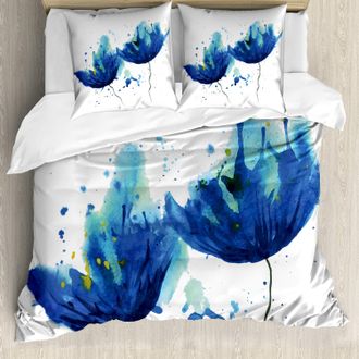 Abakuhaus Aquarell Bettwäsche Set für Doppelbetten, Floral Abstrakte Kunst, Weicher Microfaserstoff Allegigeignet kein Verblassen, Hellblau und Blau
