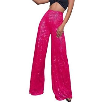 Generic Pantalon palazzo &agrave; paillettes taille haute et jambes larges pour femme, pour f&ecirc;te, discoth&egrave;que, f&ecirc;te, pantalon &eacute;vas&eacute;, rouge clair, 5XL
