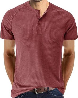 Generic T-shirt &agrave; motif gaufr&eacute; pour homme - L&eacute;ger - Col rond - Manches longues - T-shirt basique en coton &agrave; manches courtes - Bouton - Pour homme - Chemise He