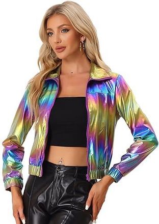 Allegra K Veste de survêtement pour femmes Holographic Brillant à manches longues Veste métallique Zip Front Multicolore M