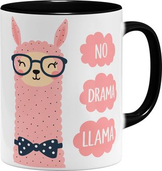 OM3 witzige No Drama Llama Kaffee-Tasse mit Spruch - Statement Alpaka s&uuml;&szlig;es Motiv - Keramik Becher - 325ml - Beidseitig Bedruckt - Schwarz