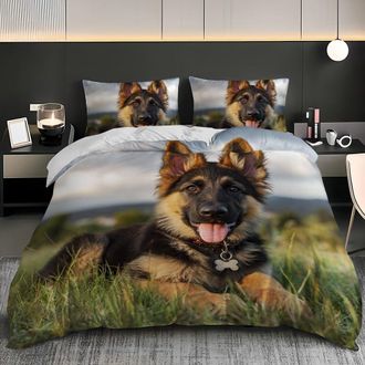 Generic Bettw&auml;sche-Sets 180x200 cm Deutscher Sch&auml;Ferhund Auf Dem Gras Bettbezug Mikrofaser mit Rei&szlig;verschluss, Weich Leicht zu reinigen Bettw&auml;sche Gr&uuml;N 3teili