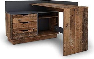 Byliving Winkelschreibtisch Belfast/Rechts oder Links montierbar / 3 Schubkästen/Old Wood-Optik - anthrazit/Bürotisch/Eckschreibtisch/Schreibtisch/B 129, H 83,