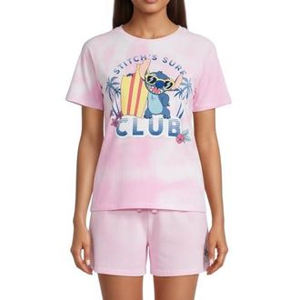 Disney Stitch T-shirt et Short pour Femmes, Pyjama Coton Ensemble 2 Pi&egrave;ces Stitch Design Surf Club, Cadeau pour Femmes et Adolescents | Taille XL | Rose