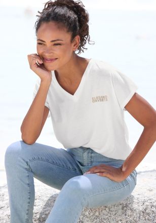 Elbsand V-Shirt ELBSAND Pajuk, Damen, Gr. XXL (44), wei&szlig;, Single Jersey, Obermaterial: 50% Baumwolle, 50% Polyester, unifarben, figurumspielend h&uuml;ftlang, V-Au