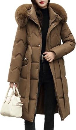 Generic Doudoune matelass&eacute;e &agrave; capuche en fausse fourrure avec fermeture &eacute;clair longue et ceinture l&eacute;g&egrave;re pour femme, caf&eacute;, XXL