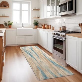 Generic Tapis de Passage Abstrait Grain De Bois Vagues Courbes 60 x 180 cm Antid&eacute;rapant et Lavable Interieur Rug, Beige Tapis de Couloir pour Entree Couloir S