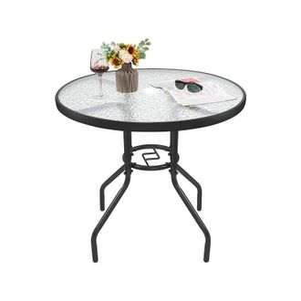 Yaheetech Yaheetech Table de Jardin Ronde en Verre Diam&egrave;tre 80 cm, Facile dentretien avec Trou pour Parasol et Plateau en Verre, Table Basse en m&eacute;tal pour