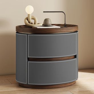 Generic Runder Nachttisch Mit Sattelleder Und Walnussplatte, Beistelltisch Mit Doppelschichtigen Schubladen, Keine Montage Erforderlich(Dark Gray,45cm)