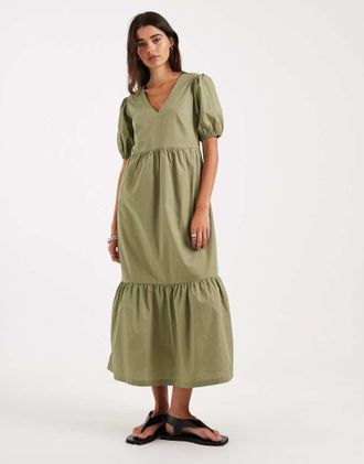 Threadbare Midikleid aus Popeline in Olivgr&uuml;n mit V-Ausschnitt und Puff&auml;rmeln