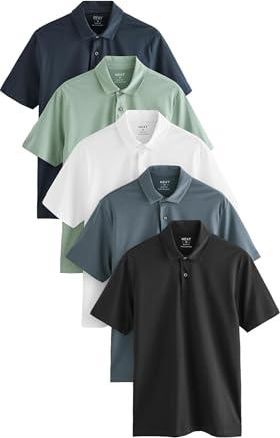 Next Homme Polo Slim en Jersey &agrave; Manches Courtes, Lot de 5 Bleu Marine/Noir/Gris/Blanc/Vert Sauvage 4XL