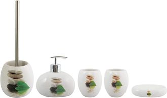 MSV Badezimmer Set, 5-teiliges Badzubehör aus Keramik Lingga, Seifenspender, WC Bürste, Seifenschale und Zahnputzbecher Weiß