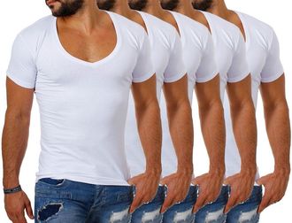 Young & Rich Herren Uni T-Shirt mit extra tiefem V-Ausschnitt Slimfit deep V-Neck Stretch dehnbar Basic Shirt 1315, Gr&ouml;sse:3XL, Farbe:Wei&szlig; - 5 St&uuml;ck