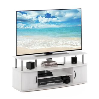 Furinno JAYA Gro&szlig;es Entertainment-Center f&uuml;r bis zu 55-Zoll-Fernseher, wei&szlig;e Eiche, Edelstahlrohre