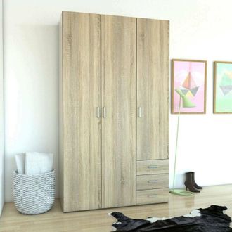 Dmora Kleiderschrank mit drei T&uuml;ren und drei Schubladen, Eichenfarbe, 115 x 49 x H200 cm - Dmora