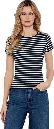 Tommy Jeans Damen T-Shirt Kurzarm Essential Rib Slim Fit, Mehrfarbig (Dark Night Navy/Stripe), XL
