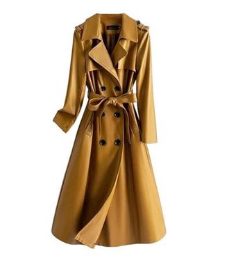 Generic Trench-coat en simili cuir pour femme - Printemps Automne Double Boutonnage Revers crant&eacute; Slim Ceintur&eacute; X-Long Outwear, 2, S