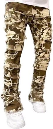 Generic Jean Homme Coupe Slim Y2K, Pantalon Skinny d&eacute;chir&eacute; et us&eacute;, Style Streetwear Hip hop, Motif Camouflage, Taille XXL