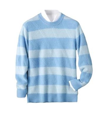 Generic Pull à col rond en laine pour homme - Couleur contrastée - Pull ample à rayures - Pull dautomne et dhiver, bleu ciel, 3XL