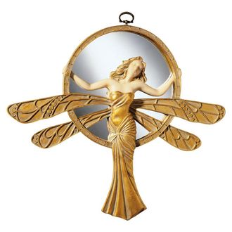 Design Toscano Dragonfly Art Deco Wall Mirror Sculpture, 33 cm, Polyresin, Gold and Ivory