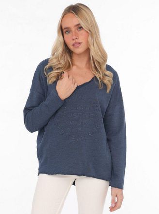 Zwillingsherz Sweatshirt Positive Mind ausgefranster V-Ausschnitt, Used Look, Langarm, Schriftzug