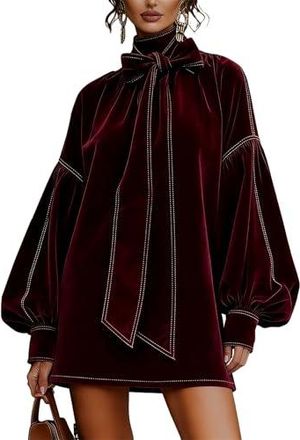 Generic Robe nuisette en velours pour femme - Manches longues - Col montant - Noeud - Style vintage - Pour invit&eacute;es de mariage, bordeaux, XXL
