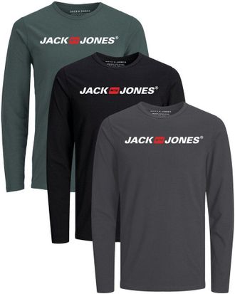 Jack & Jones Langarmshirt Regular-Fit mit stilvollem Printdruck (Spar-Set, 3er-Pack) in Unifarbe aus Baumwolle, mit lizenziertem Originaldesign Print
