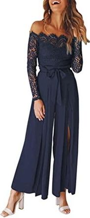 Minetom Combinaison Jumpsuit Femme Elégante Épaules Dénudées Dentelle Overalls Cocktail Soirée Fête Rompers avec Ceinture B Bleu XS