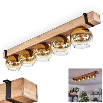 HOFSTEIN Deckenleuchte Montgomery, Deckenlampe aus Metall/Holz/Glas in Schwarz/Natur/Goldfarben/Klar, skandinavischen Design mit Holzbalken und Schirmen aus Gl