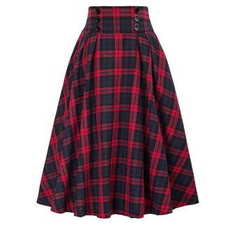 Minetom Damen Midi Faltenrock Kariert Hohe Taille A-Linie Lang Rock Plaid Midi Rock Vintage Swing Rock Rockabilly Skirt A Rot S