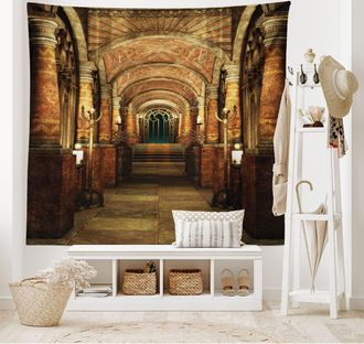 Abakuhaus gotisch Wandteppich, Geheimgang Mittelalter, Wohnzimmer Schlafzimmer Heim Seidiges Satin Wandteppich, 150 x 100 cm, Braun Rot