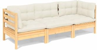vidaXL Canap&eacute; 3 places de jardin et coussins cr&egrave;me Bois de pin solide
