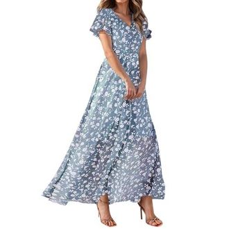 Generic Robe maxi pour femme - Volants p&eacute;tales - Manches courtes - Col en V - Floral - Flowy - &Eacute;t&eacute; - Plage - Vacances - Robe longue - Robe d&eacute;t&eacute; - Robe de plag
