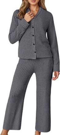 Generico Pyjama long pour femme en tricot c&ocirc;tel&eacute; 2 pi&egrave;ces avec t-shirts longs et pantalon de pyjama confortable et doux, gris fonc&eacute;, XXL