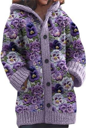 Generic Cardigan tendance pour femme - Cardigan dhiver avec capuche - Impression numérique 3D - Chaud - Veste matelassée en tricot épais alpaga à manches long