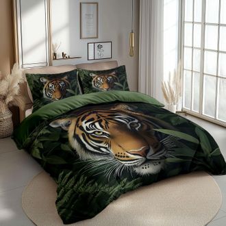 Generic Wendbares Bettwäsche-Set Dschungel Tier Tiger Theme Patterns - Grau Grün Weiche Mikrofaser-Bettwäsche für Erwachsene und Kinder, Bequeme Bettwäsche fü