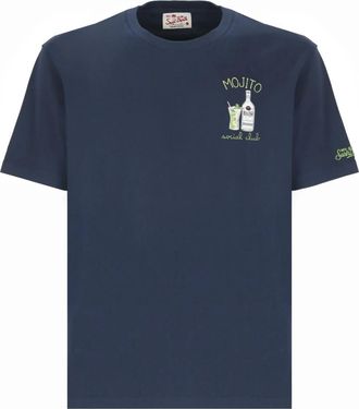Saint Barth Homme, Tops, Bleu, Taille: S T-shirt en Coton Bleu avec Logo Brod&eacute;