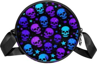 Generic Sac &agrave; bandouli&egrave;re rond pour femme, motif t&ecirc;te de mort et &eacute;toile violette, avec fermeture &eacute;clair, bretelles r&eacute;glables, sac &agrave; main rond d&eacute;contract&eacute; pour