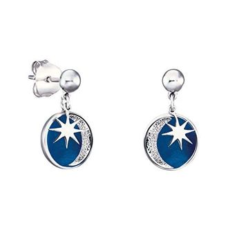 Engelsrufer Boucles doreilles pour femme en argent sterling avec motif soleil, lune et étoiles - Avec émail bleu - Sans nickel - 17 mm, Ø 10 mm, Argent sterling, 