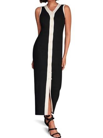 Generic Robe pull d&eacute;t&eacute; sans manches pour femme, coupe d&eacute;contract&eacute;e, col en V, couleur contrast&eacute;e, style d&eacute;contract&eacute;, noir, taille M pour le quotidien, le trav