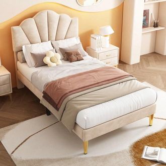Generic Beige Shell Design Bett 90x200 - Goldene Eisenf&uuml;&szlig;e, Verstellbarer Bettkopf und Lamellenbox - Eleganz und Komfort (Materie frei)