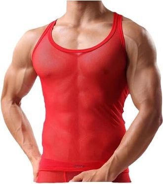 Generic Débardeur sexy transparent ultra fin sans manches respirant en résille pour homme, Rouge, XXL