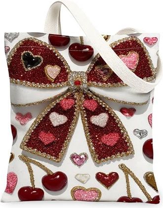 Generic Sacs fourre-tout en toile avec motif de coeur, sacs &agrave; provisions r&eacute;utilisables, sacs &agrave; provisions l&eacute;gers, lavables pour la Saint-Valentin, pour les vo