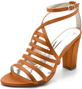 Generic Femmes Bout Ouvert Chaussures Mariage DÉté Bloc Talon Haut Soirée Habillé Satin Boucle Chaussures De Mariée Croix Cheville Sandales Bout Rond Escarpin
