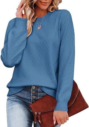 Zeagoo Femme Hiver Élégant Pull Doux et Confortable Côtelé Tricot Encolure Ras du Cou Sweater Manches Longues Chaud Top Bleu XXL