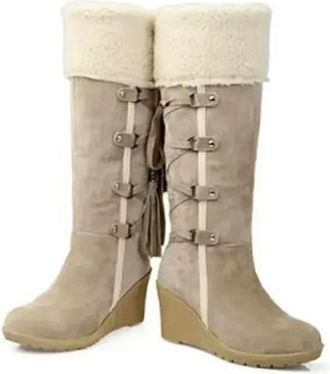 Generic JJDFW Bottes dhiver pour femme en coton chaud froid hiver genou haut talon compens&eacute; bottes grande taille, beige, 39 2/3 EU