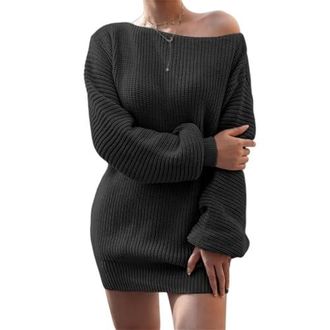 Generic Robe pull &agrave; manches longues et &eacute;paules d&eacute;nud&eacute;es pour femme, robe pull ample d&eacute;contract&eacute;e surdimensionn&eacute;e en tricot, Noir, M