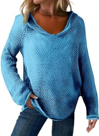 Generic Pull pour femme en crochet ajour&eacute; &agrave; manches longues et &eacute;paules tombantes - Pull &agrave; capuche l&eacute;ger - Coupe ample - Cache-maillot de plage d&eacute;contract&eacute; au 